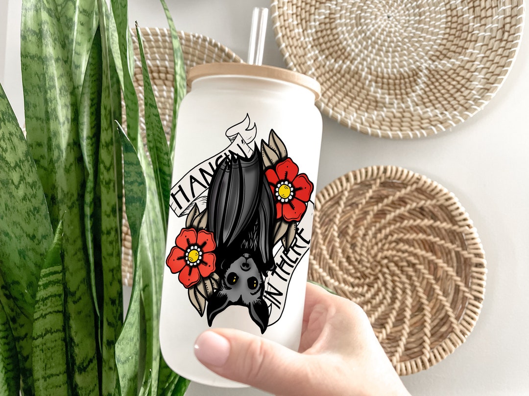 Hanging in There Cute Bat Frosted Beer Glass With Bamboo Lid / Cute Bat ...