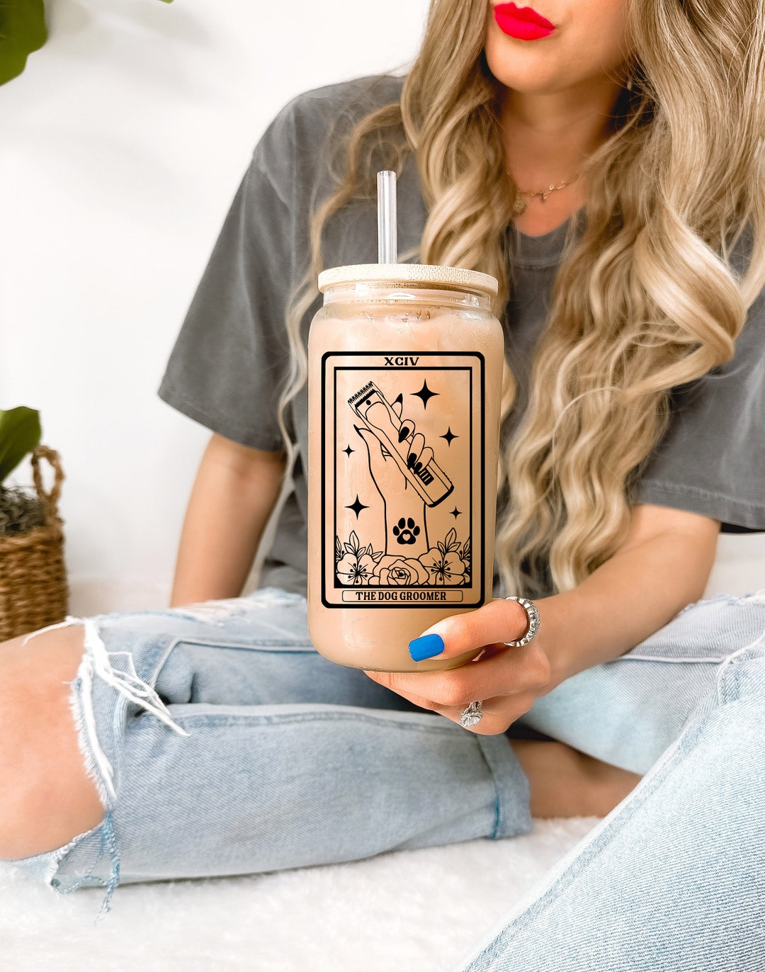 The Pet Groomer Tarot Card Frosted Beer Glass With Bamboo Lid / Gift ...