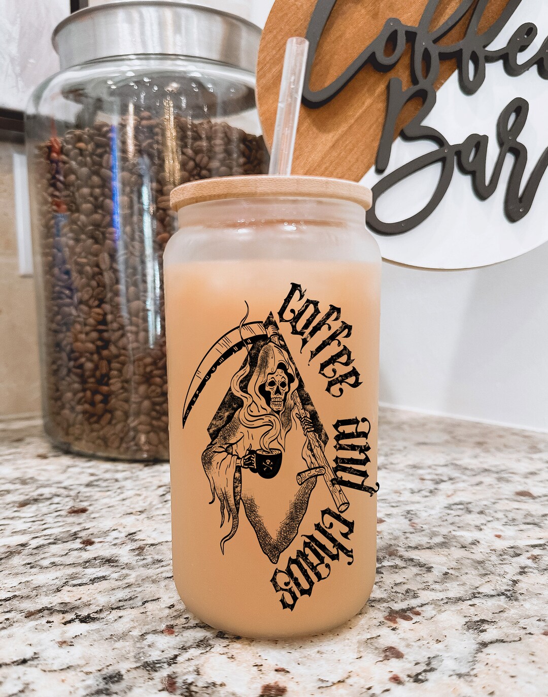Grim Reaper Coffee and Chaos Frosted Glass With Bamboo Lid - Etsy