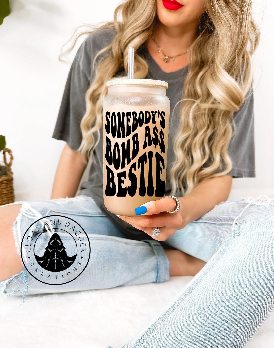 Somebody's Bomb Ass Bestie Frosted Beer Glass With Bamboo Lid / Gift ...