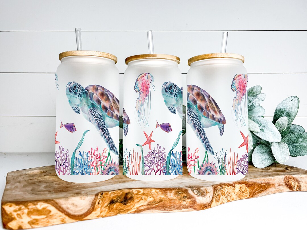 Sea Turtle Frosted Beer Glass / Sea Turtle Coffee Cup / Bamboo Lid ...