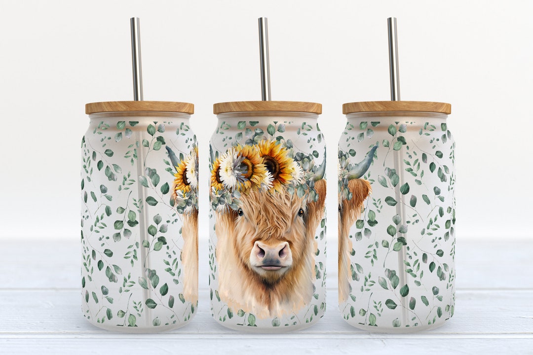 Highland Cow and Floral Frosted Beer Glass With Bamboo Lid / Highland ...
