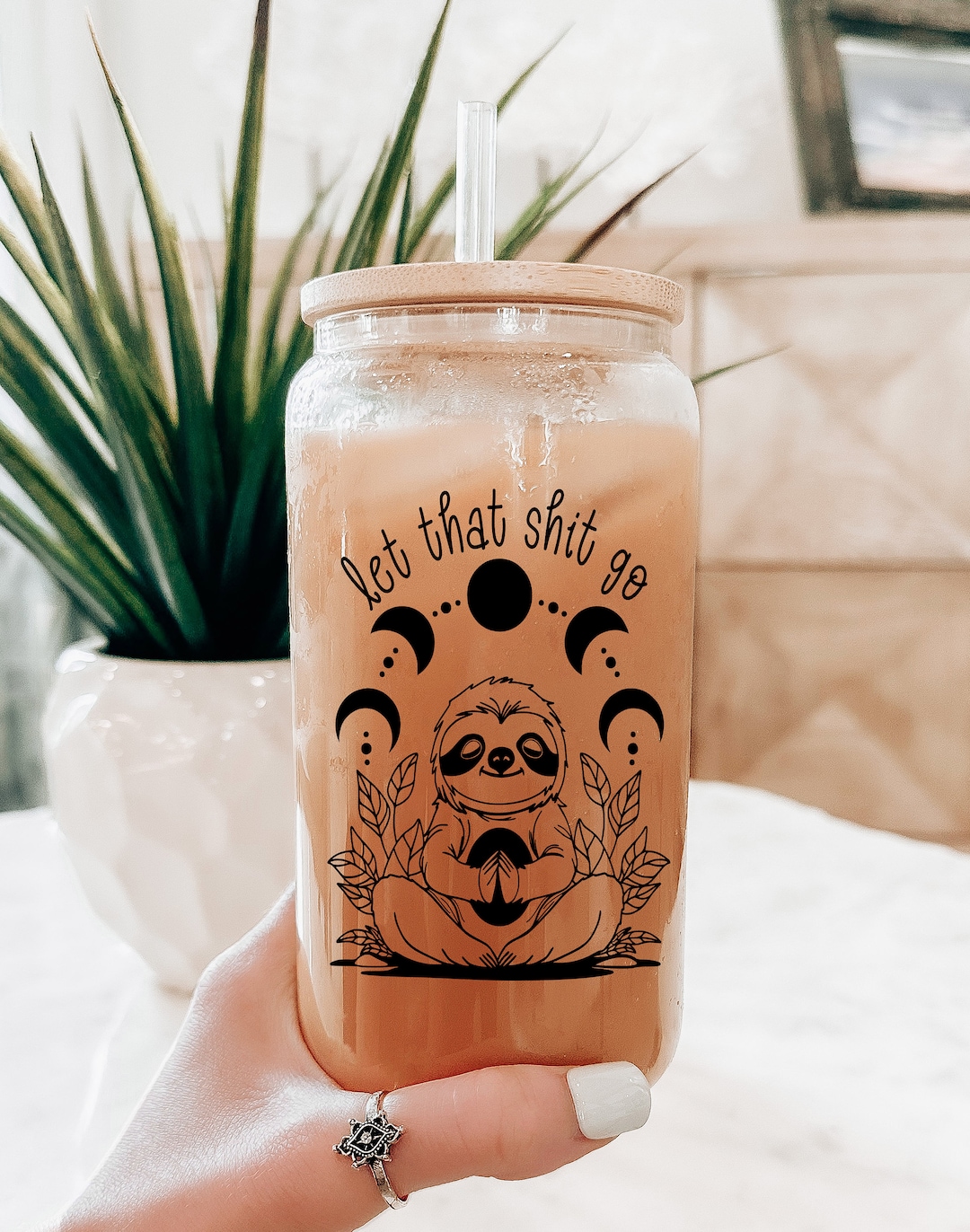 Let That Shit Go Sloth Clear Beer Glass With Bamboo Lid / Sloth Cup ...