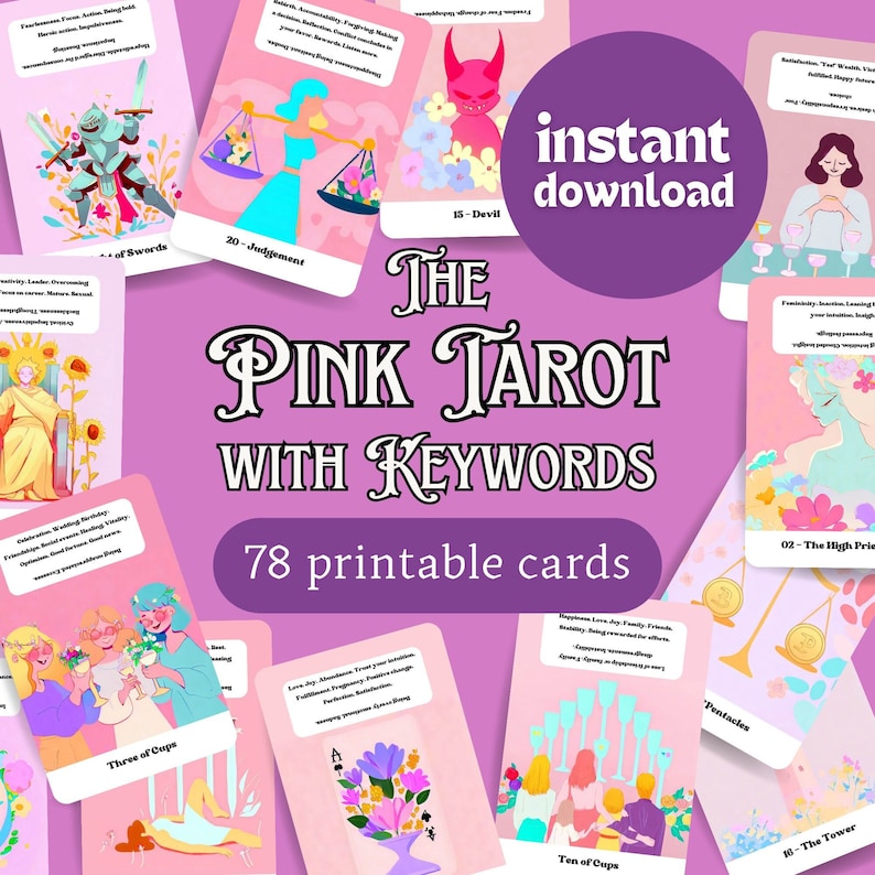 Printable Tarot Card Deck Digital Download Pink Tarot Keywords - Etsy
