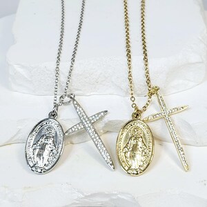 Miraculous Medal Cubic Zirconia Cross Catholic Pendant Necklace Blessed ...