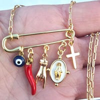 Red Cornicello and Mano Cornuto and Combo Necklace, 1" Italian Lucky ...