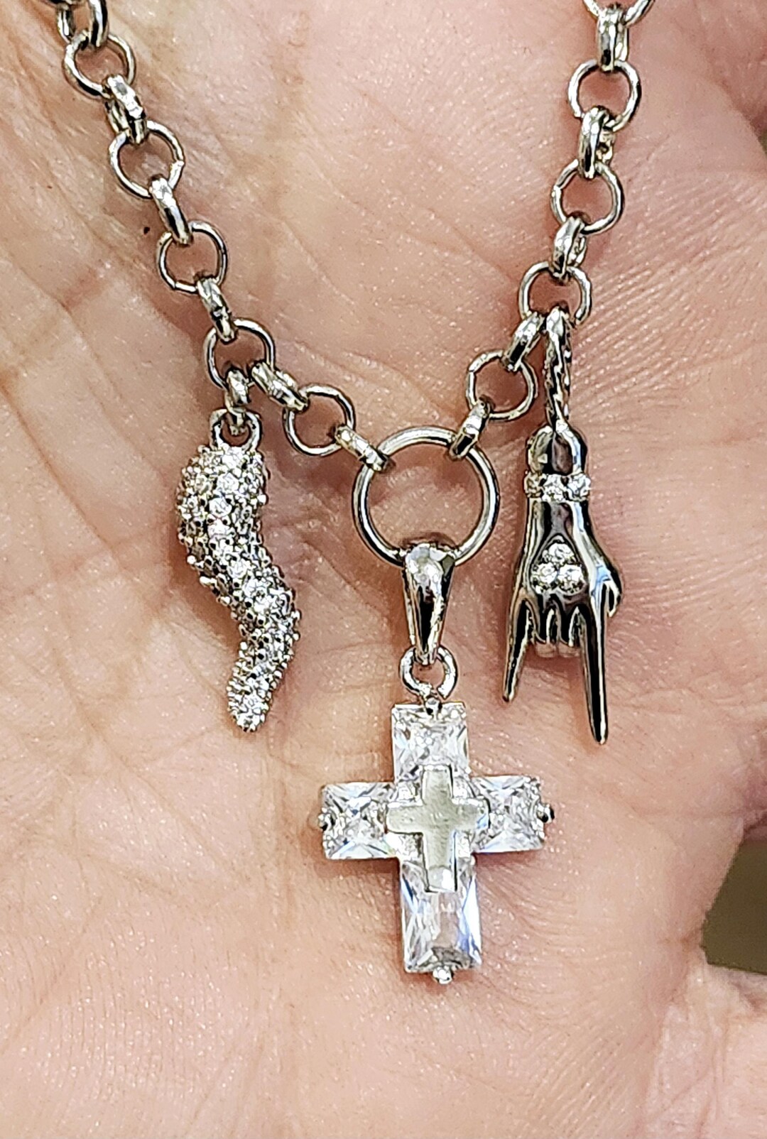 CZ Cross Shiny Italian Horn Mano Cornuto Hand Trendy Protection Charm ...