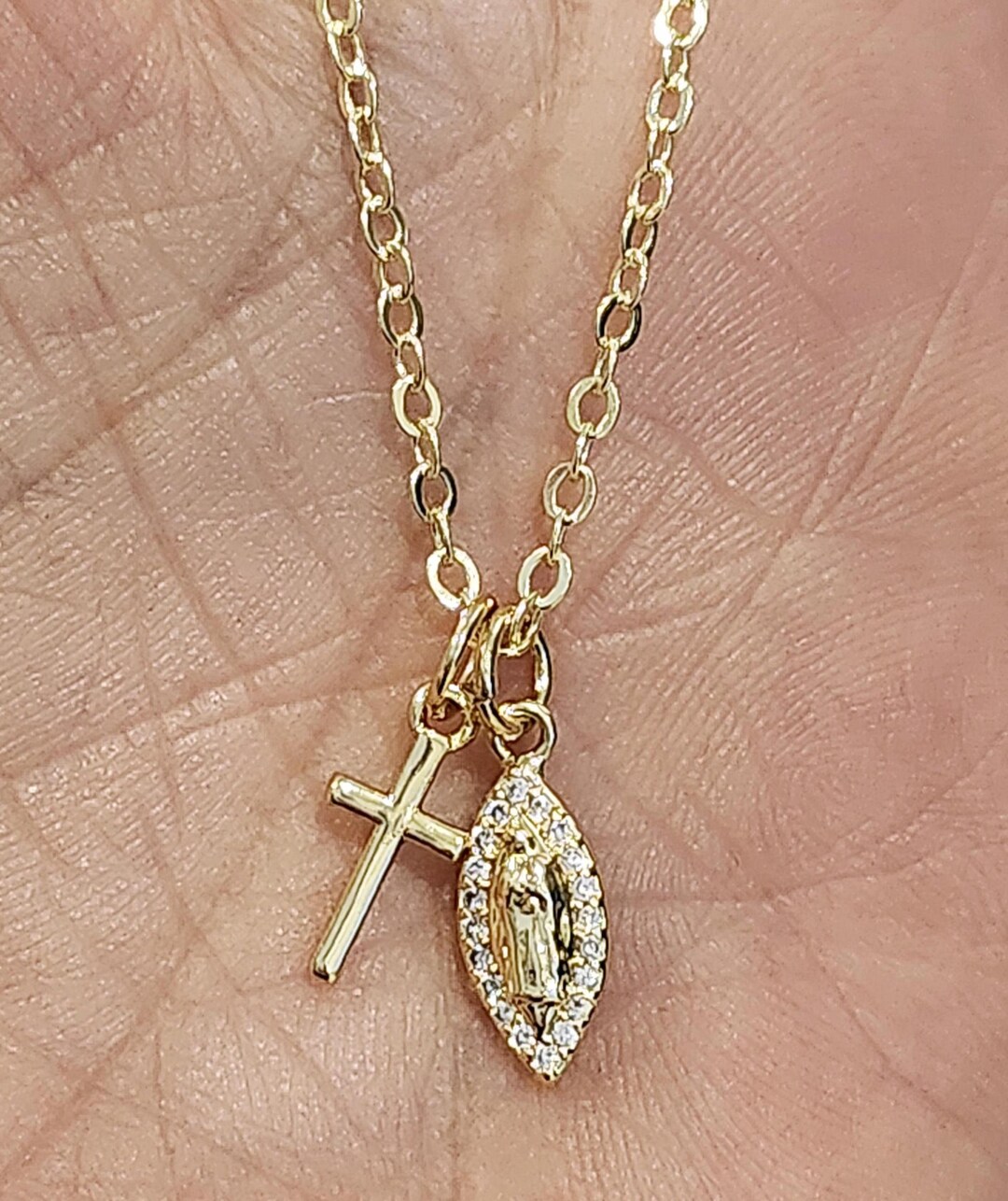 Gold Cross Virgin Mary Layered Dainty Protection CZ Shiny Charm ...