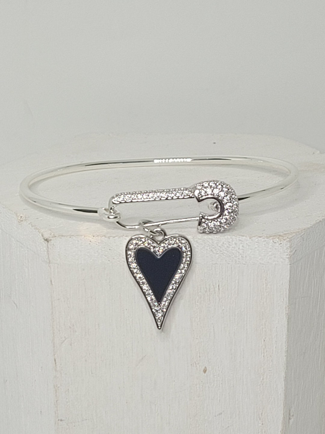 CZ Heart Pendant Unique Bling Micro Pave Safety Pin Clasp Love Bangle ...