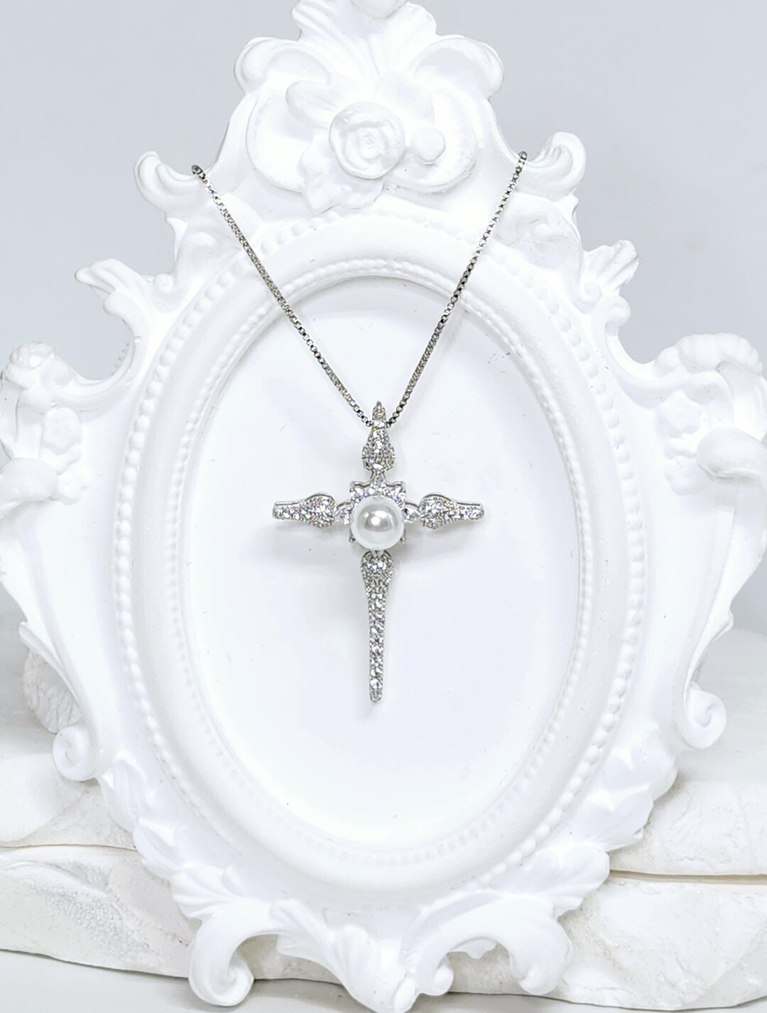 Silver Vintage CZ Pearl Cross Pendant Necklace Elegant Catholic ...