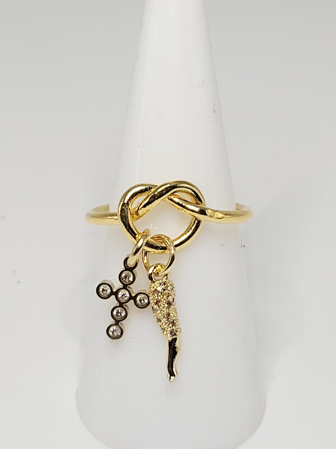 Italian Horn Cornicello Malocchio Luck and Cross CZ Bling Charm Ring ...