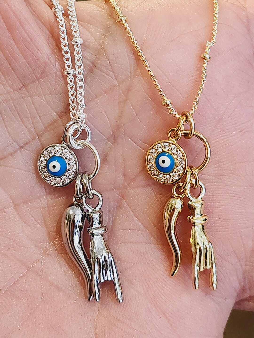 CZ Evil Eye Italian Horn and Mano Cornuto Hand Necklace Protection ...