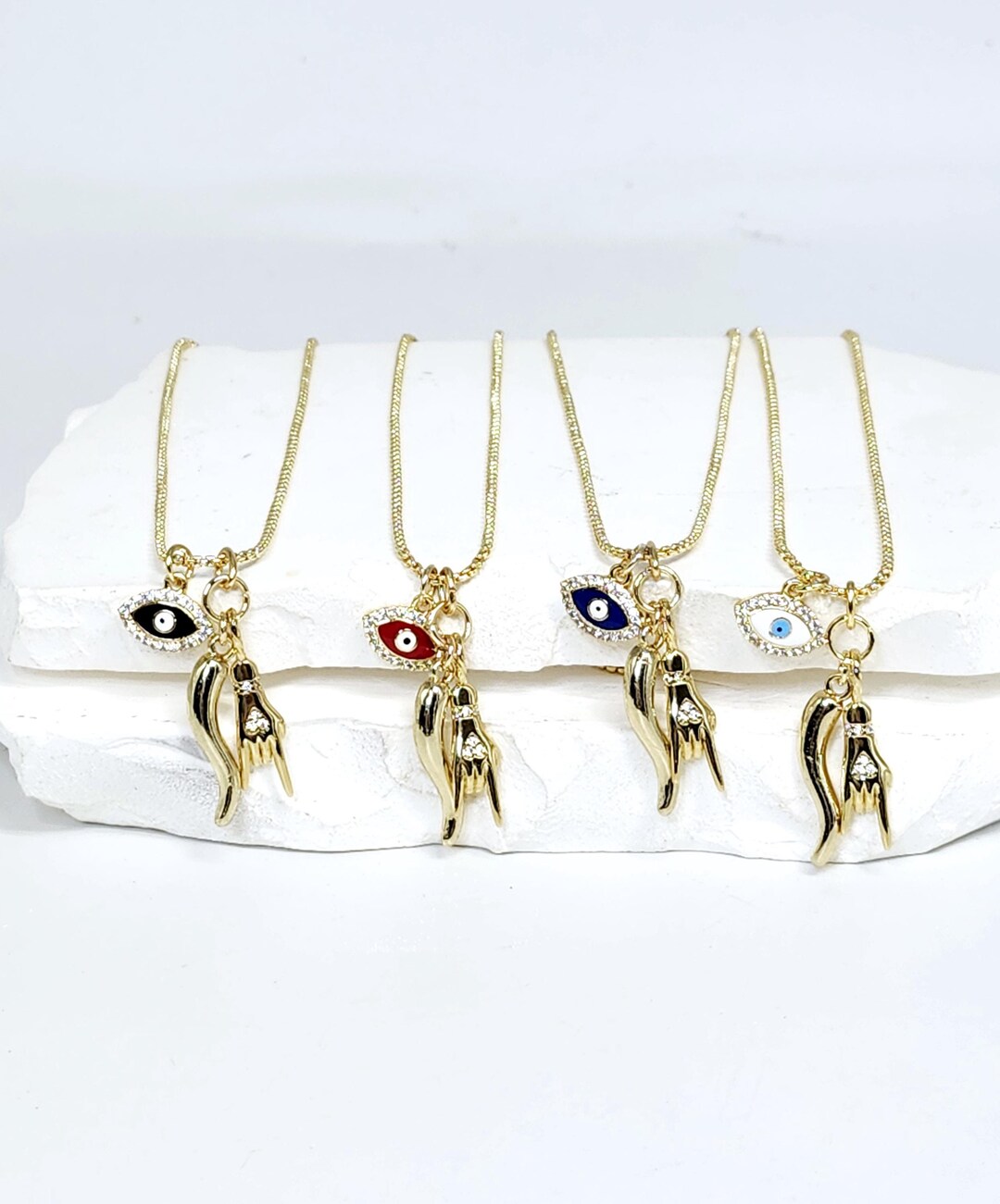 Gold Evil Eye Mati Italian Horn and Hand Amulet Charm Pendant Necklace ...