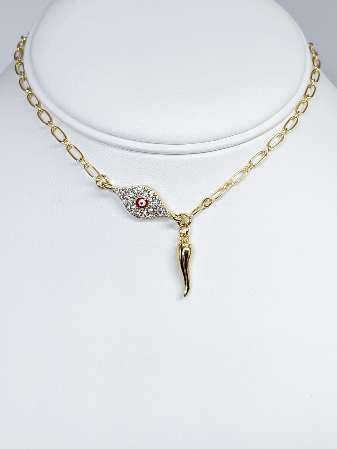 Dainty Italian Cornicello Bling Evil Eye Gold Charm Necklace Pretty ...