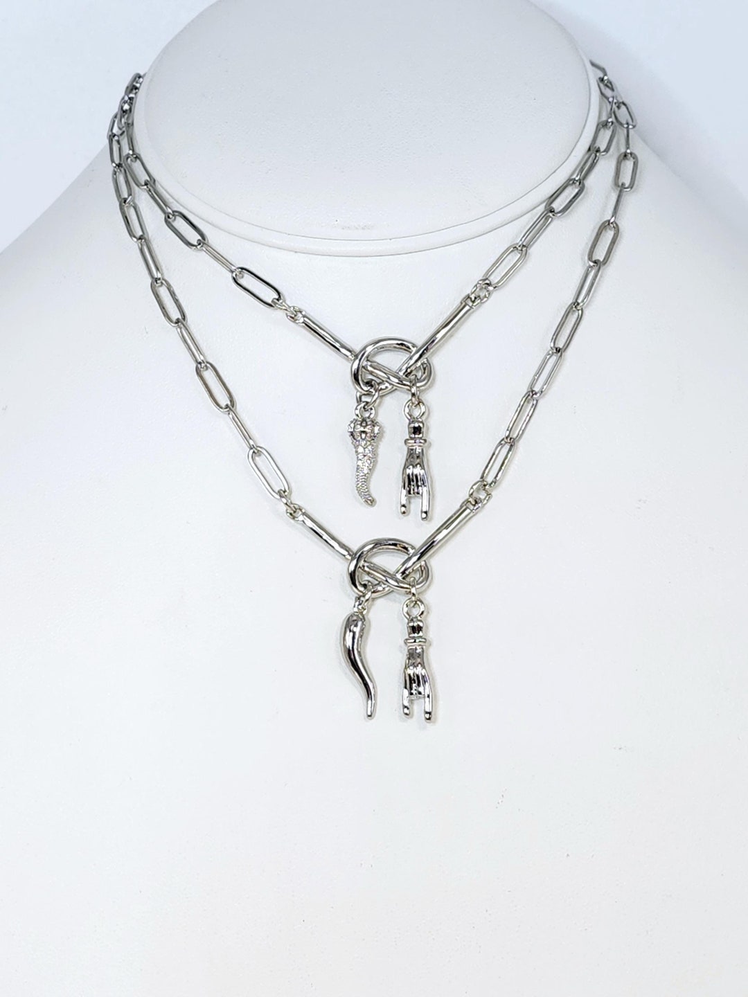 Italian Horn CZ Cornicello Mano Cornuto Hand Protection Trendy Layered ...