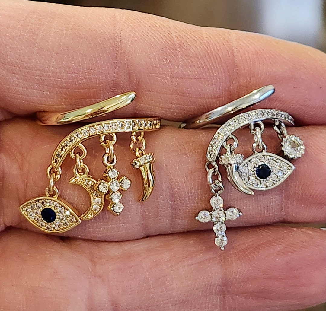 Evil Eye CZ Cross Protection Charm Ring With Moon & Horn Amulet ...