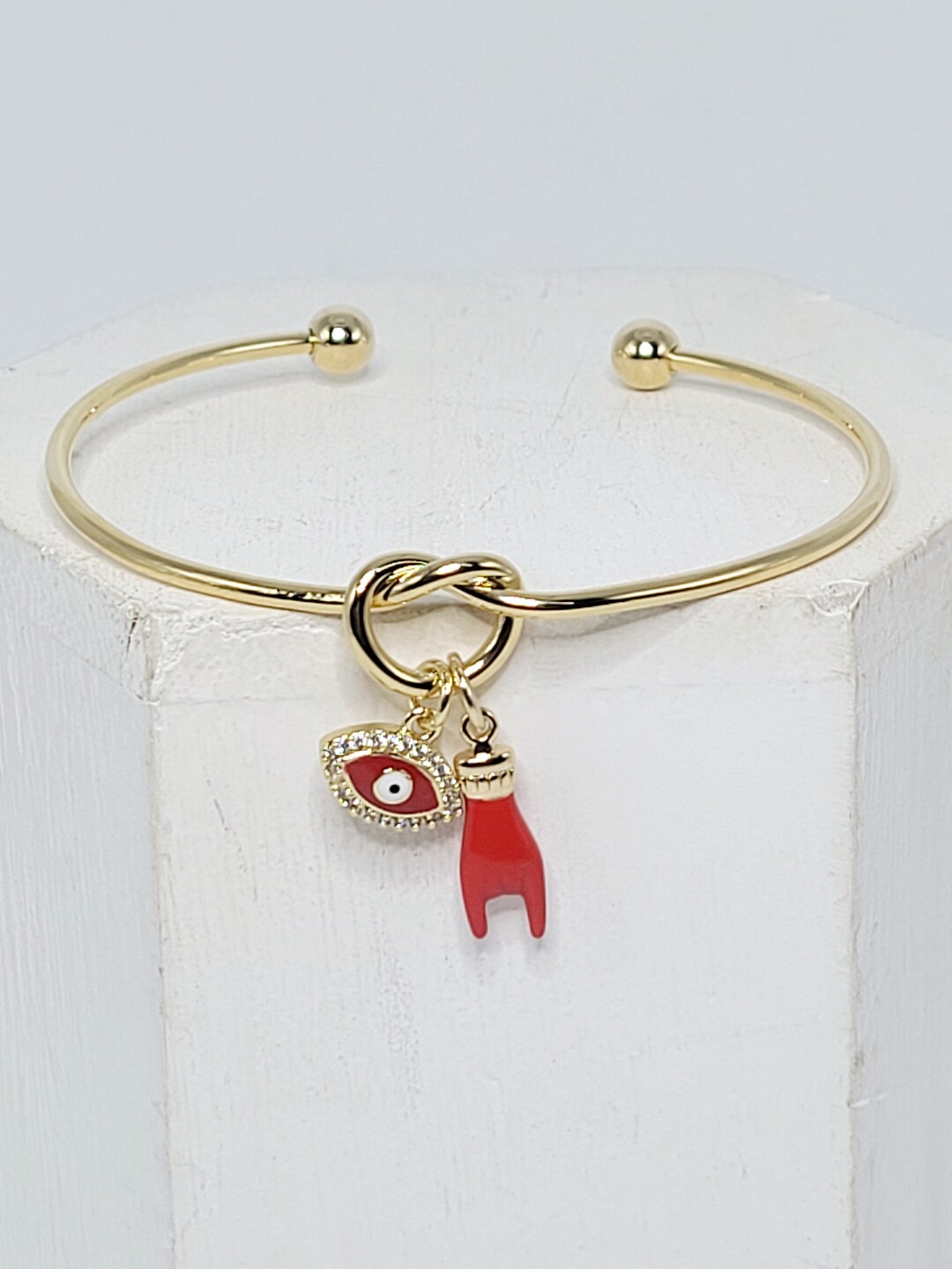Italian Mano Cornuto Hand Greek Evil Eye Gold Red Cubic Zirconia Luck ...