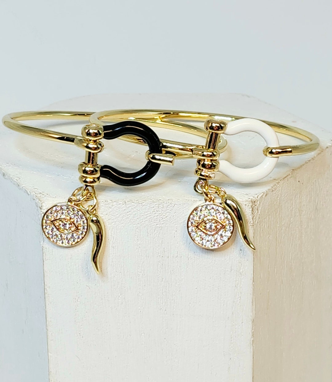 Evil Eye Italian Corno Horn Gold Cubic Zirconia Mati Luck Protection ...