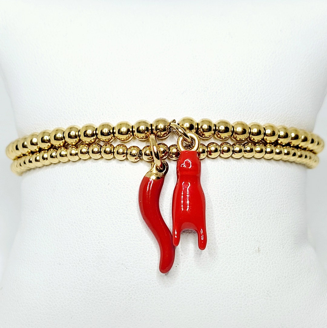 Gold Beaded Red Italian Horn and Mano Cornuto Hand Charm Bracelet ...