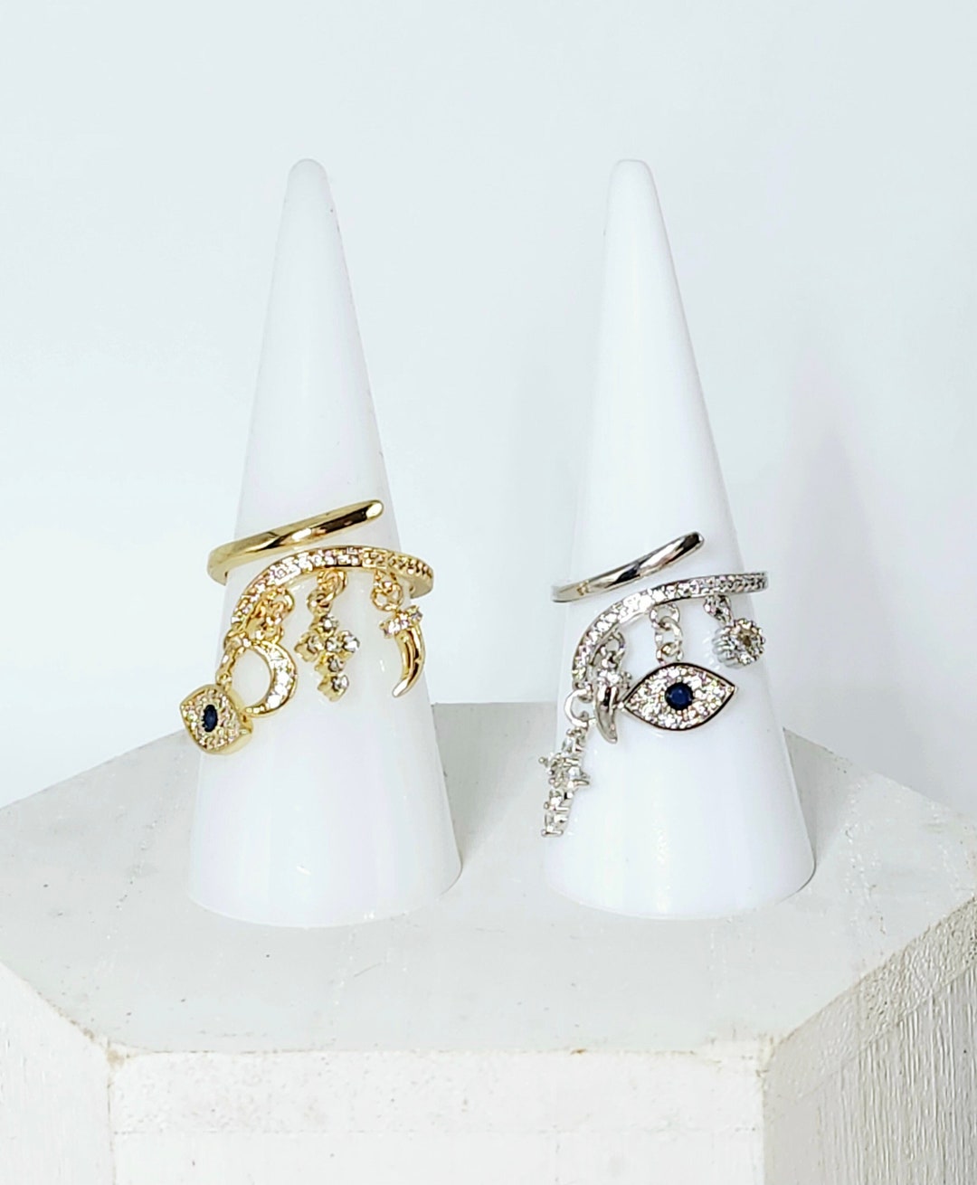 Lucky Charm Ring Adjustable Bling Cubic Zirconia Talisman Amulet Evil ...