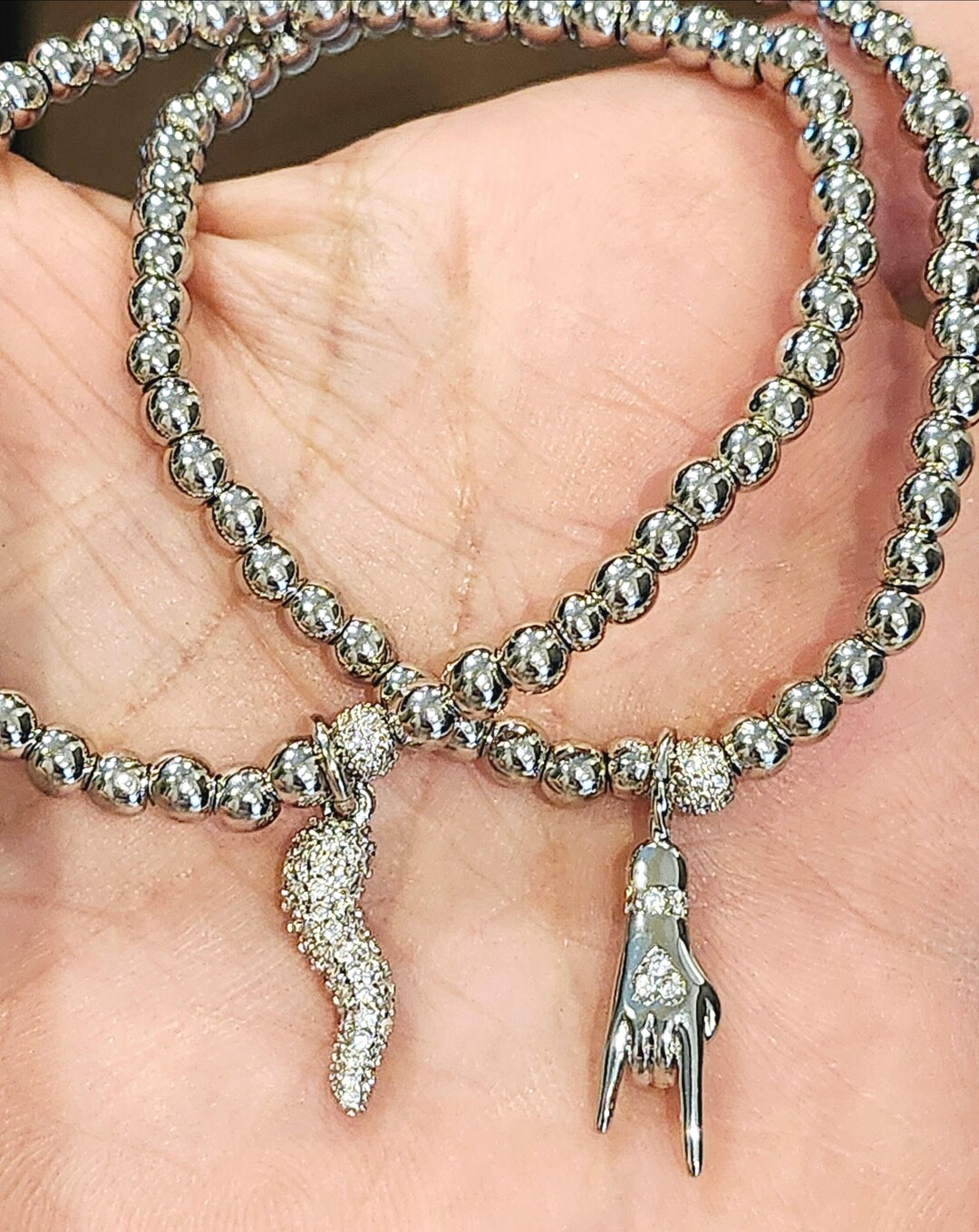 Silver Italian Horn Mano Cornuto Hand Beaded Bracelet Good Luck ...