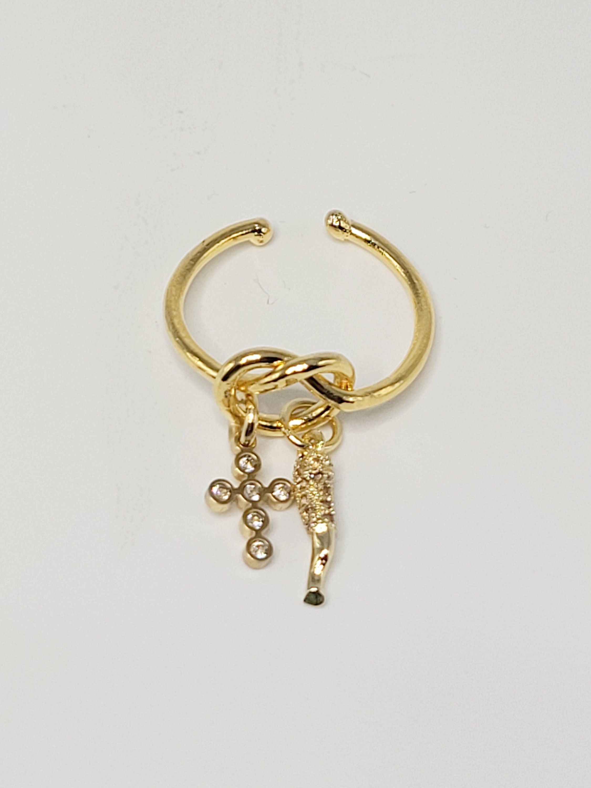 Italian Horn Cornicello Malocchio Luck and Cross CZ Bling Charm Ring ...