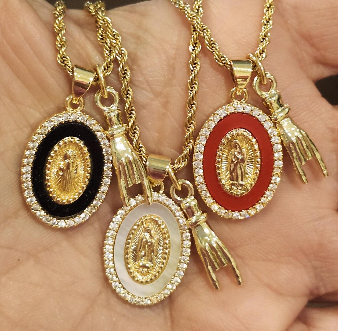 Virgin Mary CZ Enamel Medallion Italian Mano Cornuto Hand Charm ...