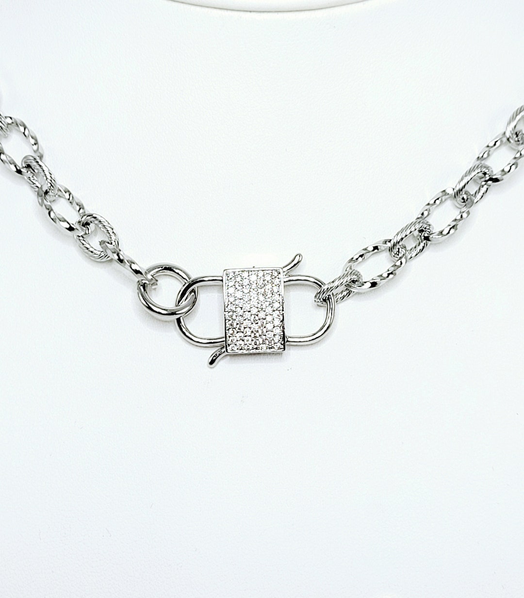 Silver Bling Choker Lock Chunky Textured Paperclip Rolo Chain Micro ...