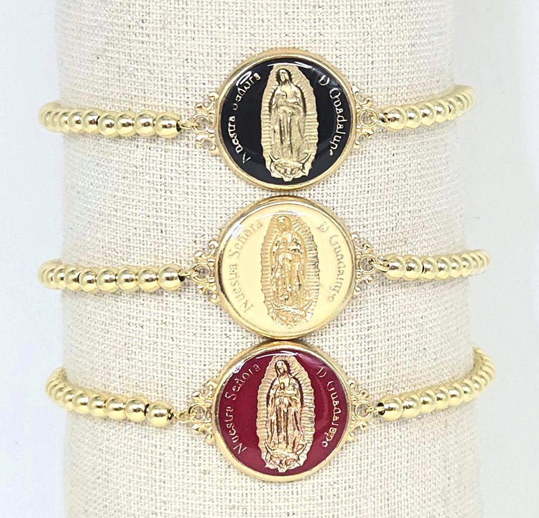 Gold Beaded Virgin Mary Medal Adjustable Bracelet: Enamel Catholic ...