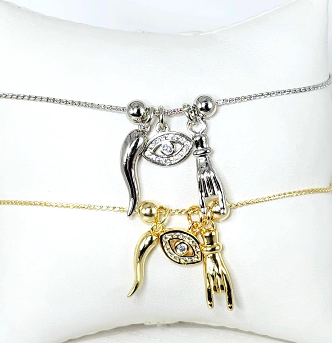 Italian Evil Eye Charm Bracelet With Cornicello Horn and Mano Cornuto ...