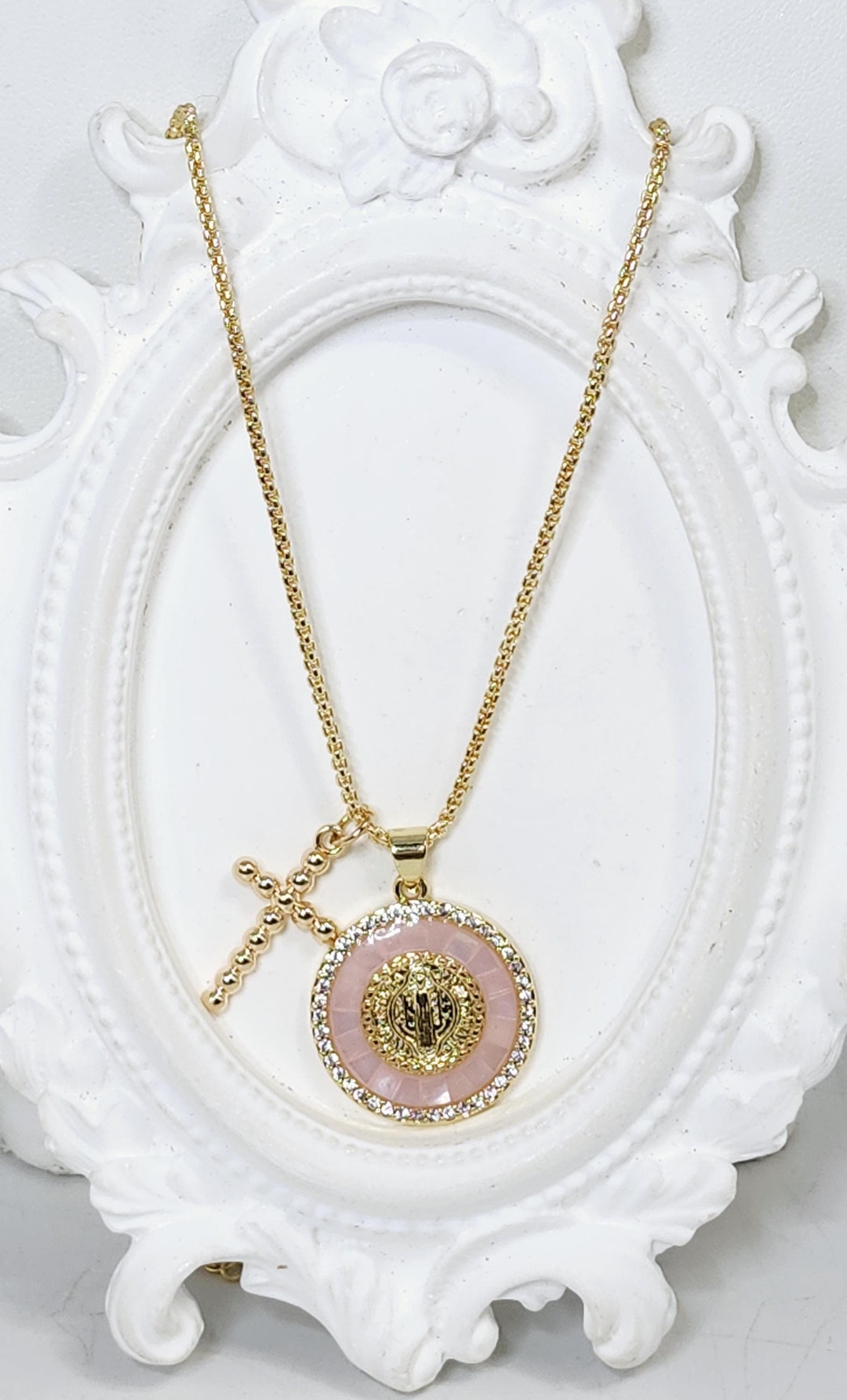 CZ Blessed Mother Mary Pink Abalone Shell Miraculous Medal Cross Charm ...