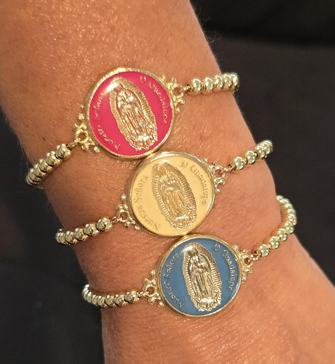 Virgin Mary Slider Bracelet: Gold Beaded, Enamel Catholic Faith ...