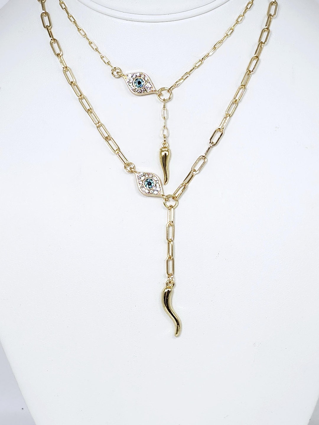 Trendy Boho Chic Evil Eye Italian Horn Stylish Lariat Protection Charm ...