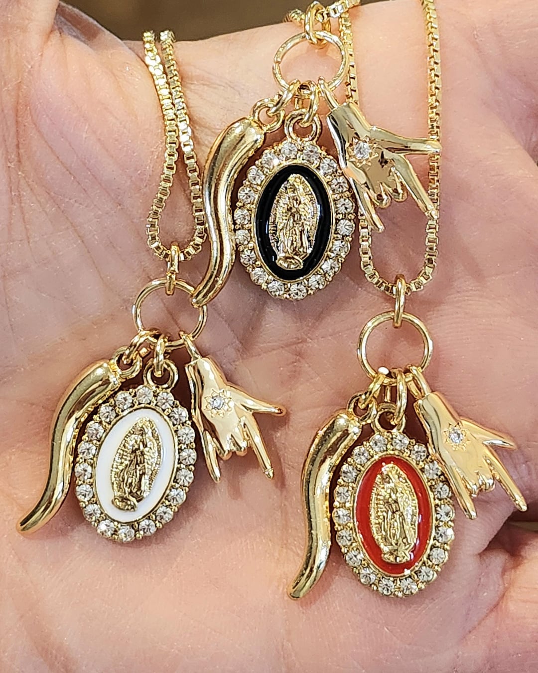 Italian Horn Cornicello Mano Cornuto Hand CZ Blessed Mother Mary ...