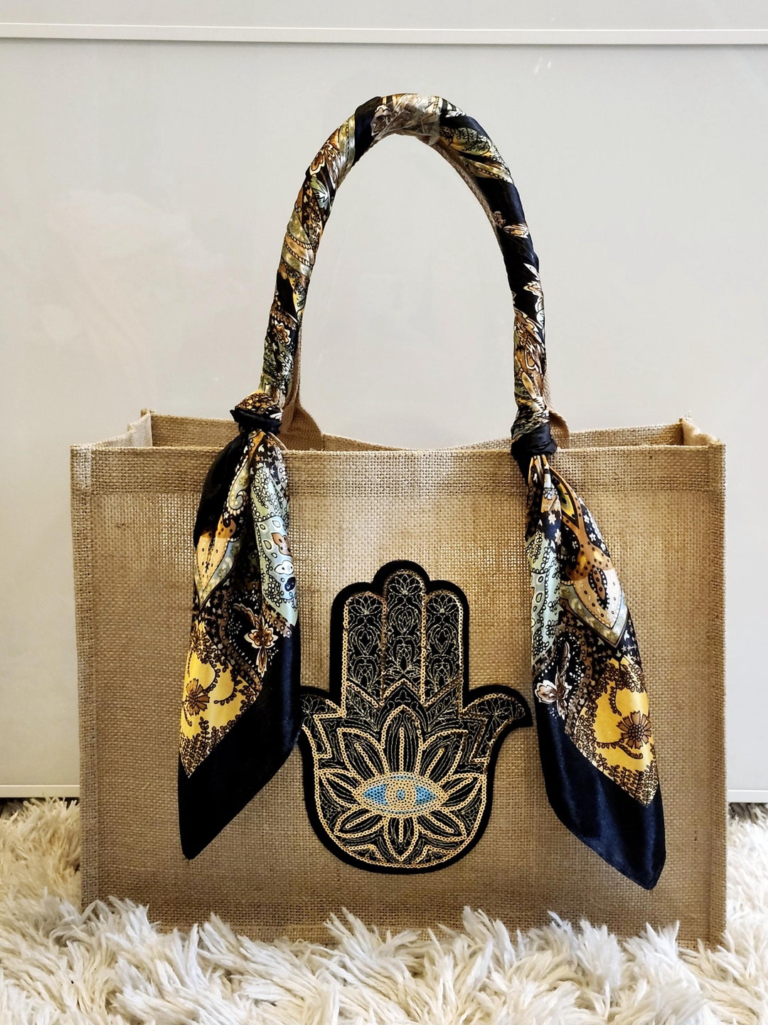 Sequin Shiny Hamsa Hand and Evil Eye Symbol Large Jute Tote Bag With ...