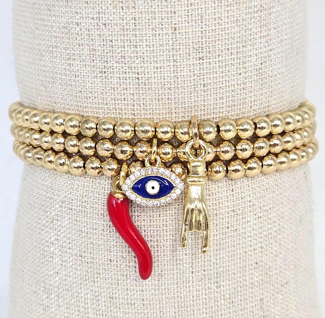 Gold Stretch Beaded Bracelet Protection Amulet Red Italian Horn Mano ...