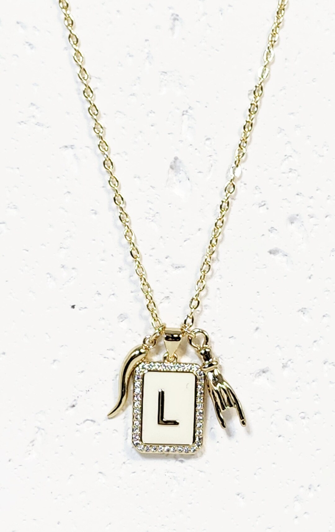 Gold Italian Horn Hand CZ White Initial Custom Trendy Layered ...