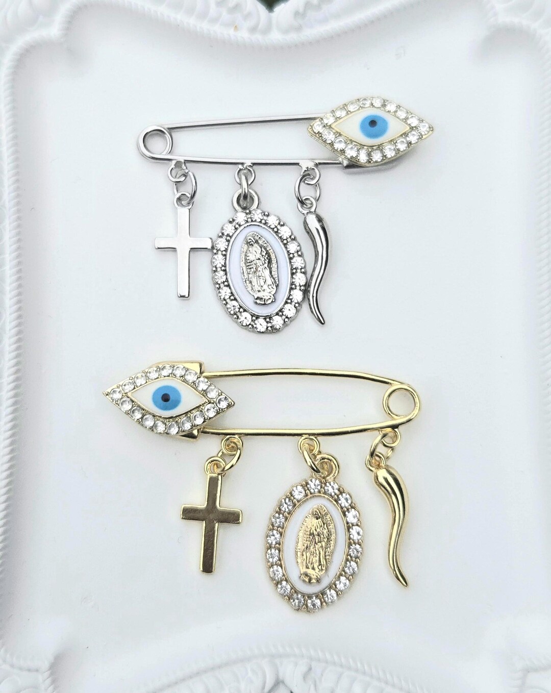 Evil Eye Protection Pin With Virgin Mary Charm, Cross, Italian Horn ...