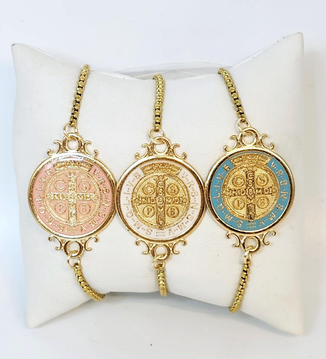 St Benedict Cross Reversible Medal Enamel Charm Gold Bracelet Catholic ...