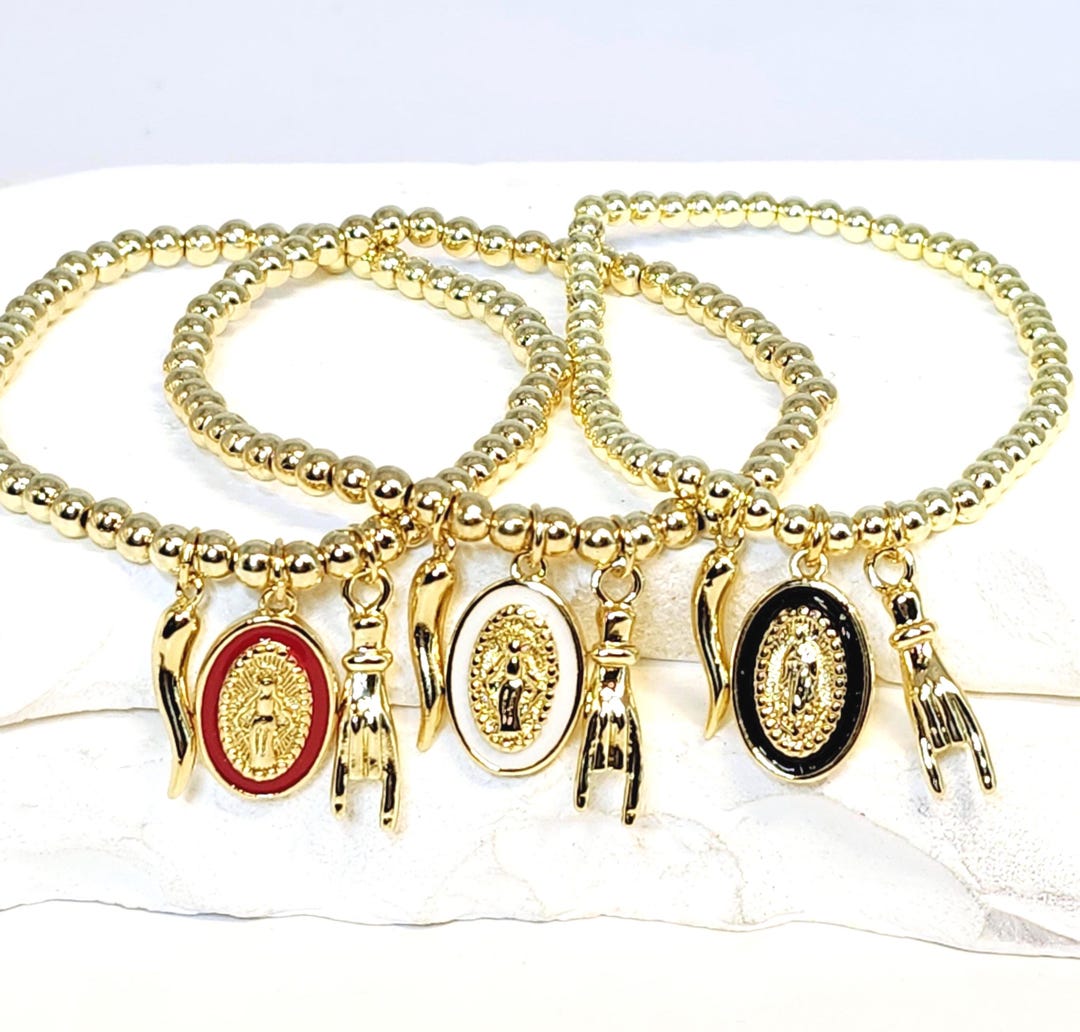 Virgin Mary, Italian Horn, Mano Cornuto Hand Gold Beaded Charm Bracelet ...