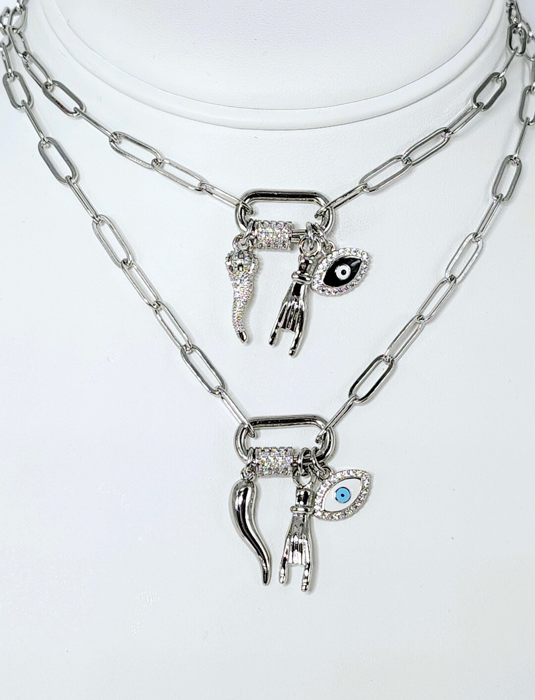 Italian Luck Cornicello Horn Mano Cornuto Hand White Black Shiny CZ ...