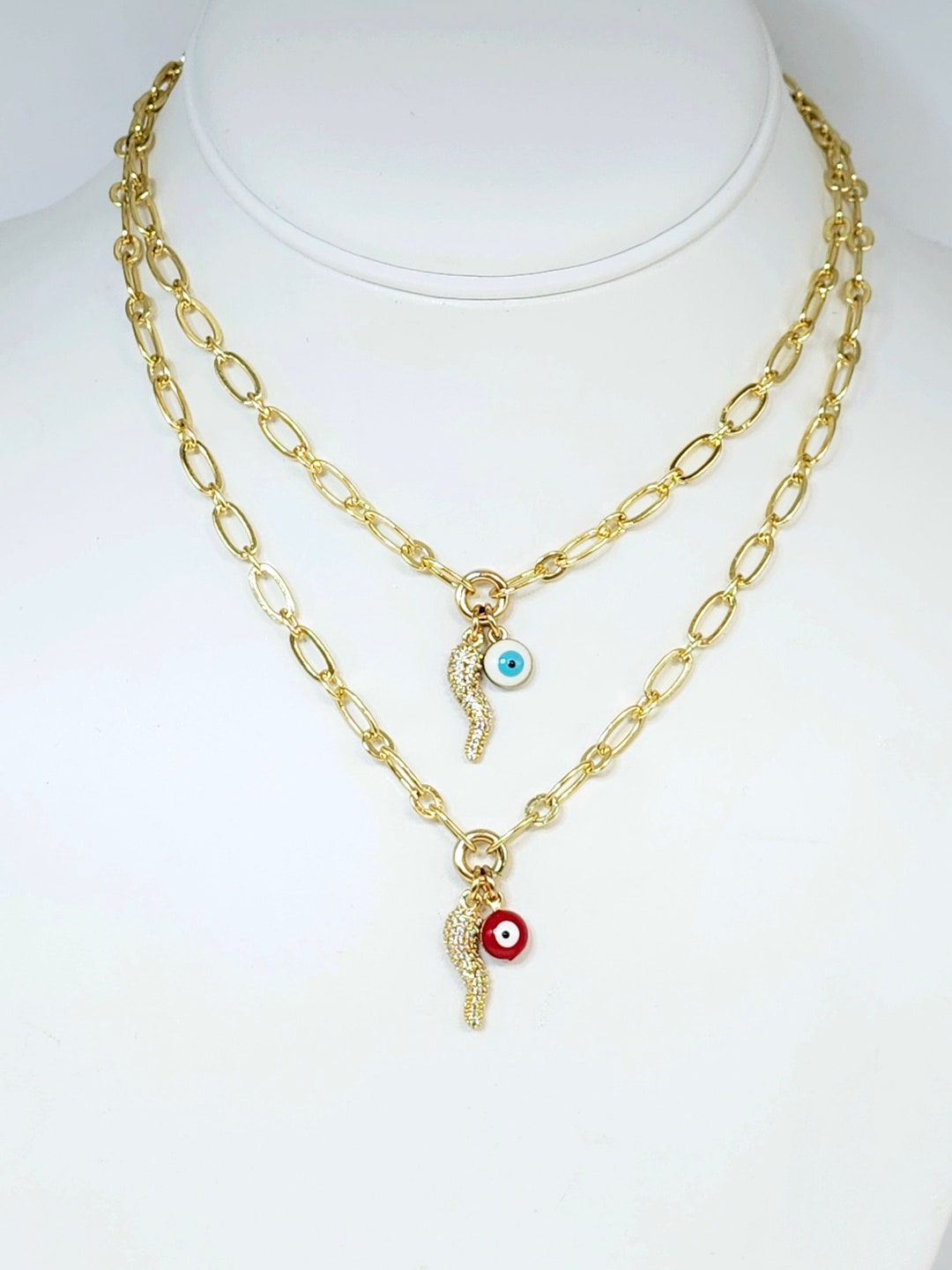 Lucky Charm Protection Necklace Bling Italian Cornicello Cubic Zirconia ...