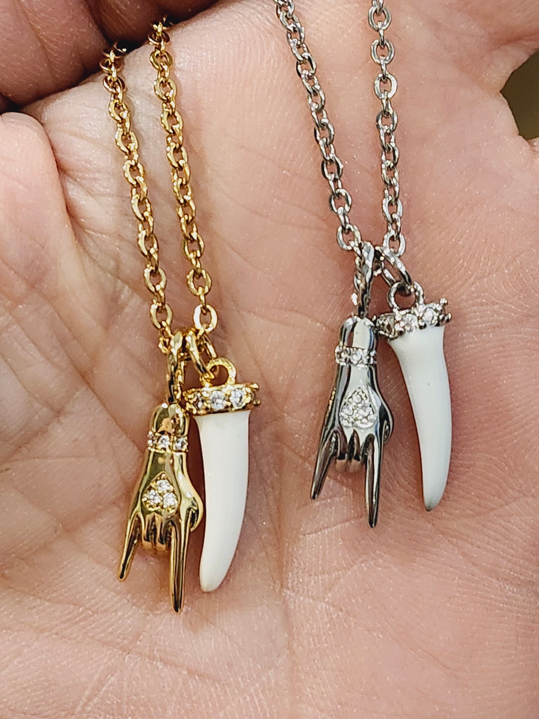 Italian Mano Cornuto Hand and White Horn Layering Charm Necklace ...