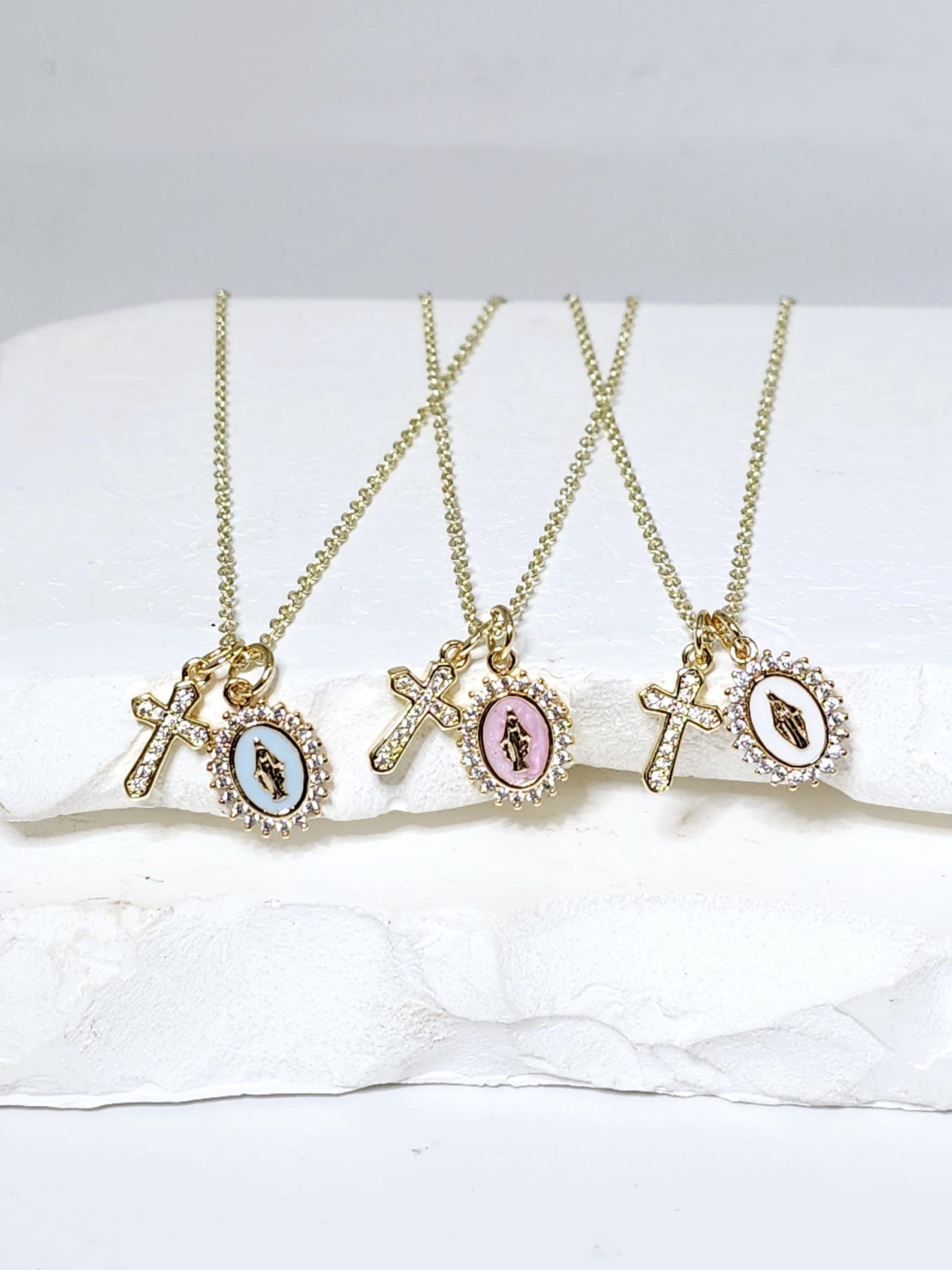 Catholic Cross Miraculous Mary Medal Dainty Necklace Classic Cubic ...