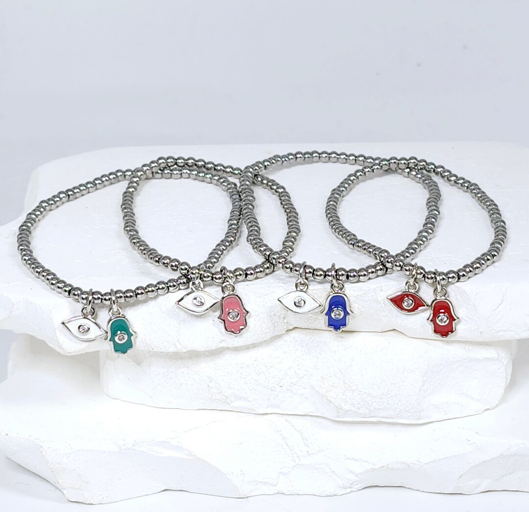Hamsa Evil Eye Mati Mini Amulet Charm Beaded Silver Bracelet Dainty ...