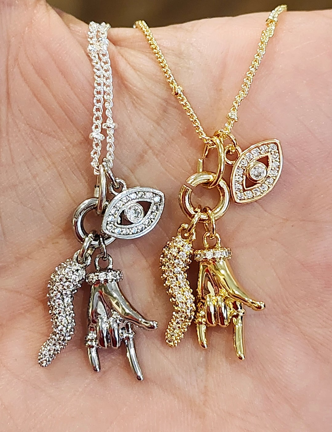 Italian Horn CZ Cornicello Mano Cornuto Hand Evil Eye Protection Charm ...