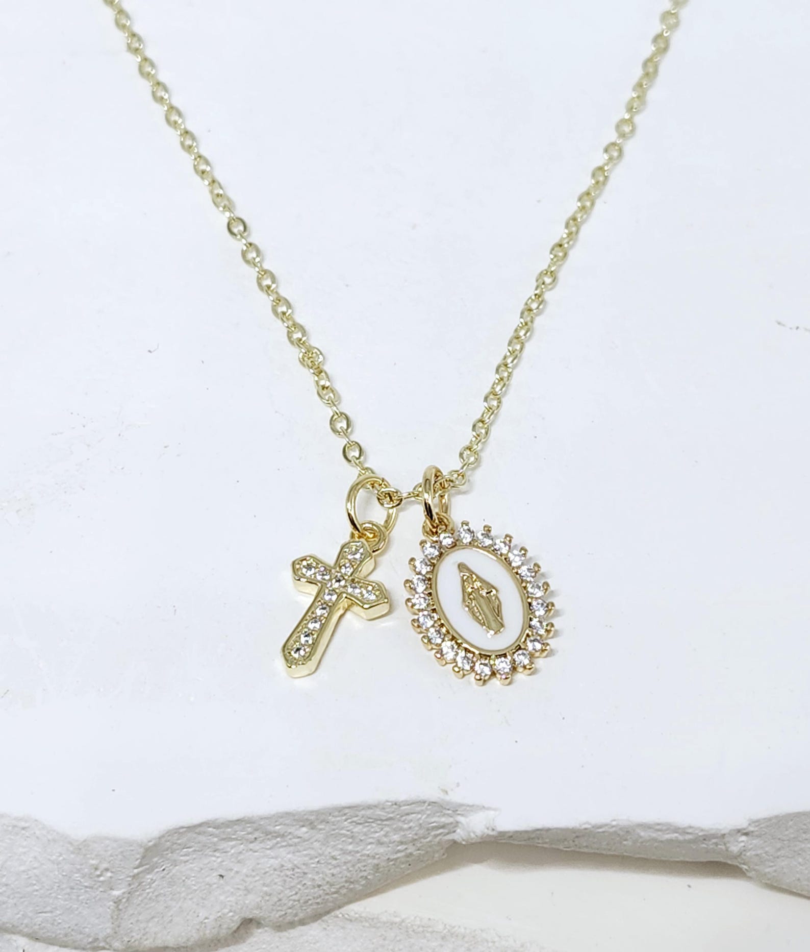 Catholic Cross Miraculous Mary Medal Dainty Necklace Classic Cubic ...