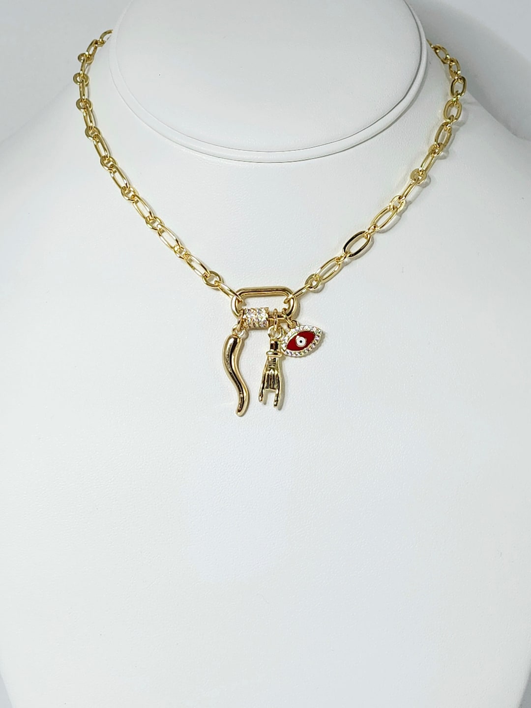 Italian Luck Cornicello Horn Mano Cornuto Hand Red Bling CZ Evil Eye ...