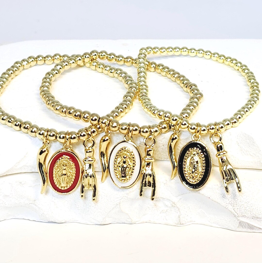 Virgin Mary, Italian Horn, and Mano Cornuto Hand Gold Beaded Charm ...