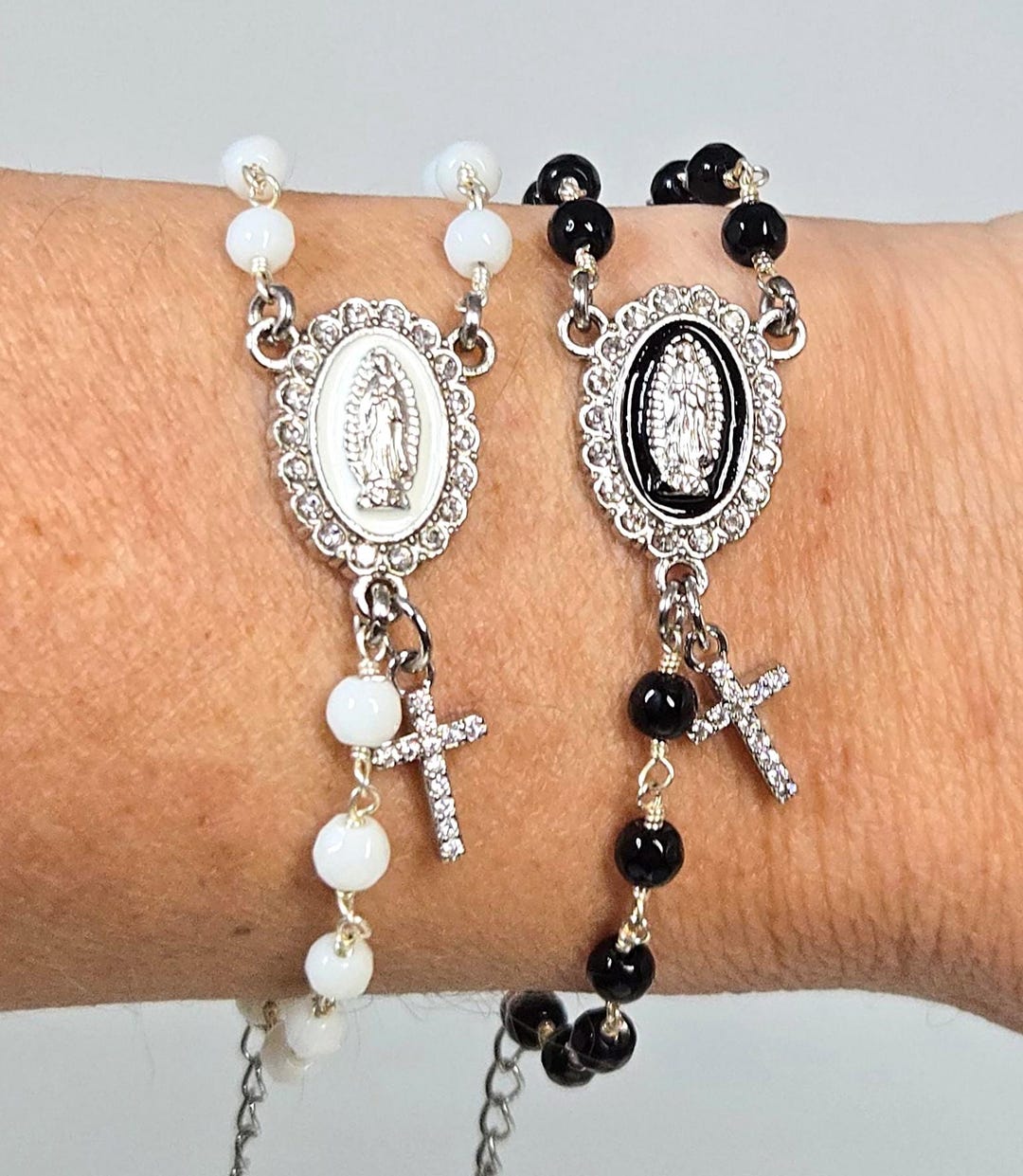 Virgin Mary Rosary Style Beaded Bracelet CZ Cross Charm Catholic Faith ...